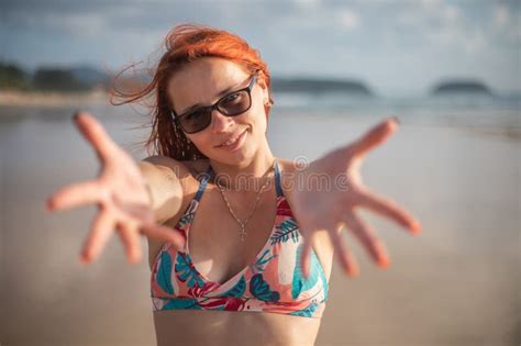 Beautiful Girl With Red Hair Posing On The Beach Sunset Stock Image Image Of Attractive