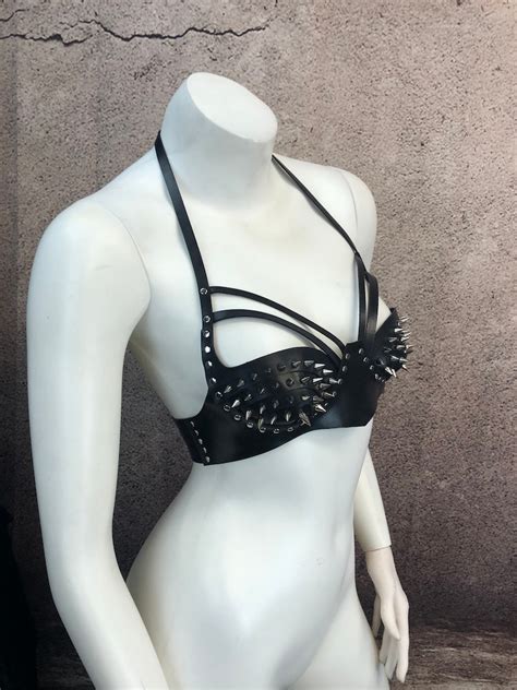 The Vendetta Spiked Bra Halter Leather Bra With Spike Detail Etsy