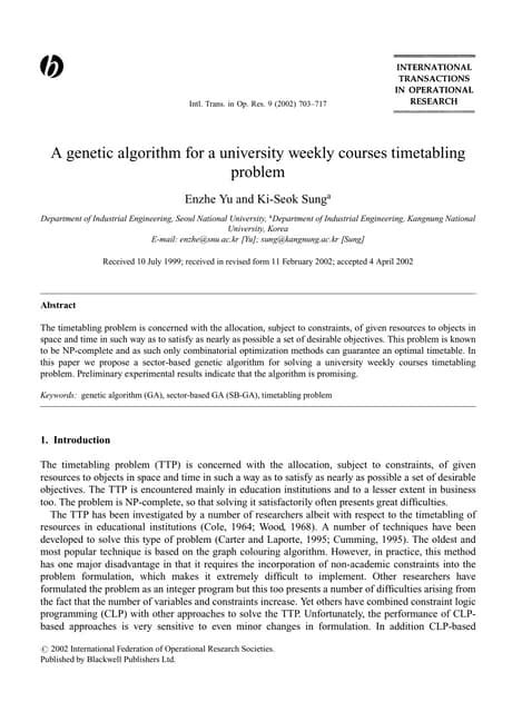 a genetic algorithm for a university weekly courses timetabling problem pdf