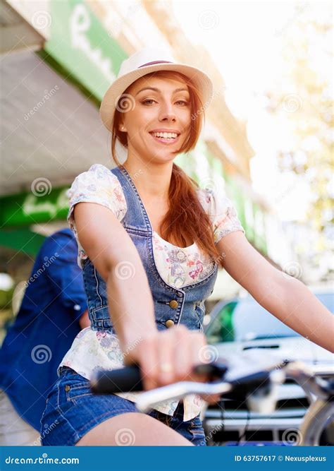 Beautiful Woman Riding On Bike Stock Image Image Of City Playful 63757617
