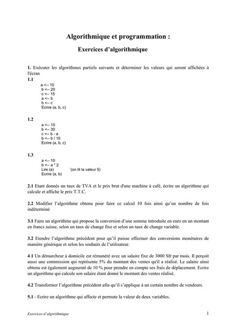 algorithme informatique exercices corrigés pdf