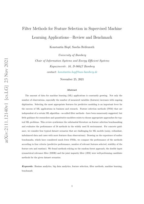 pdf filter methods for feature selection in supervised machine learning applications review
