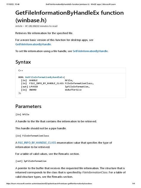 getfileinformationbyhandleex function winbase h win32 apps microsoft learn pdf