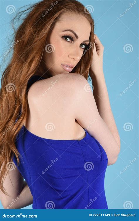 Beautiful Tall Slim Redhead Model In A Blue Dress Stock Image Image Of Female Body 222311149