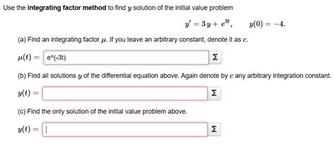 solved use the integrating factor method to find y solution