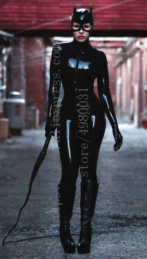 Front Zipper To Back Waist Womens Full Cover Latex Catsuit Fetish Attached Hood Mask And Gloves