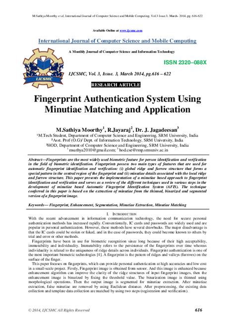 pdf fingerprint authentication system using minutiae matching and application﻿ ijcsmc