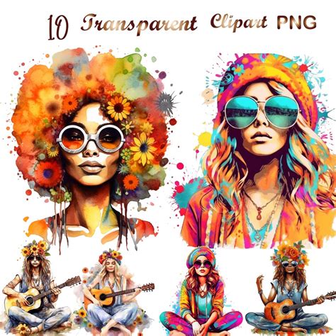 10 Watercolor Hippie Girl Clipart Png Sublimation Pnghippie Clip Arthippie Clipartsummer