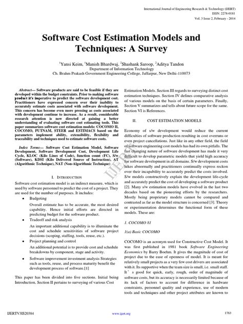 software cost estimation models and techniques a survey ijertv3is20384 pdf system software