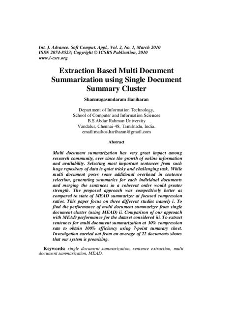 pdf extraction based multi document summarization using single document summary cluster