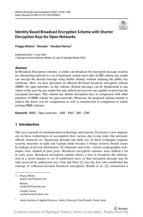 identity based broadcast encryption scheme with shorter decryption keys for open networks