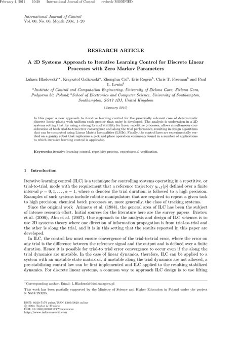 pdf a 2d systems approach to iterative learning control for discrete linear processes with