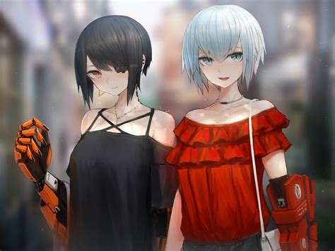 2girls Black Hair Blue Eyes Blue Hair Eyepatch Fang Kasagarasu Necklace Orange Eyes Original