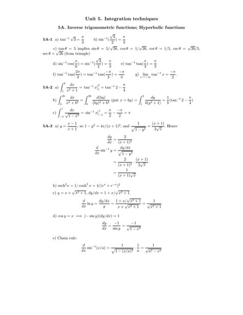 unit 5 integration techniques 5a inverse trigonometric functions hyperbolic functions