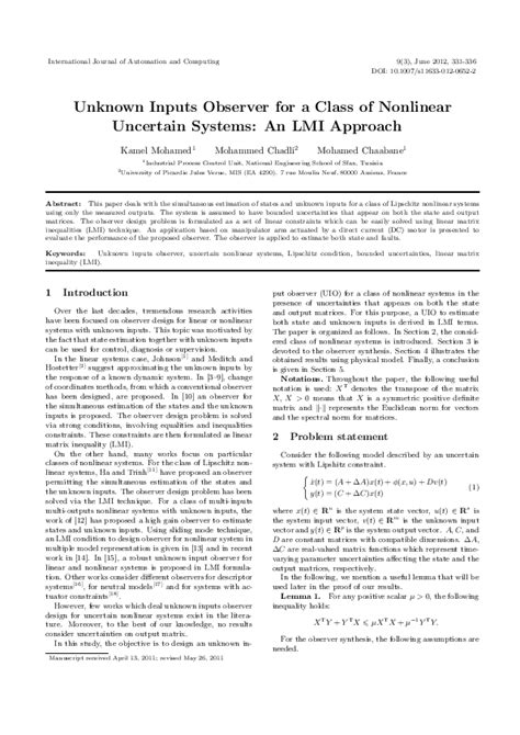 pdf unknown inputs observer for a class of nonlinear uncertain systems an lmi approach