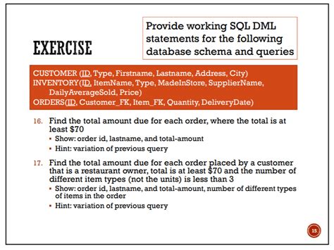 solved exercise provide working sql dml statements following database schema queries