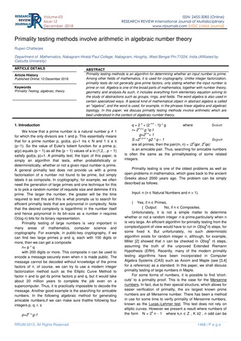 pdf primality testing methods involve arithmetic in algebraic number theory