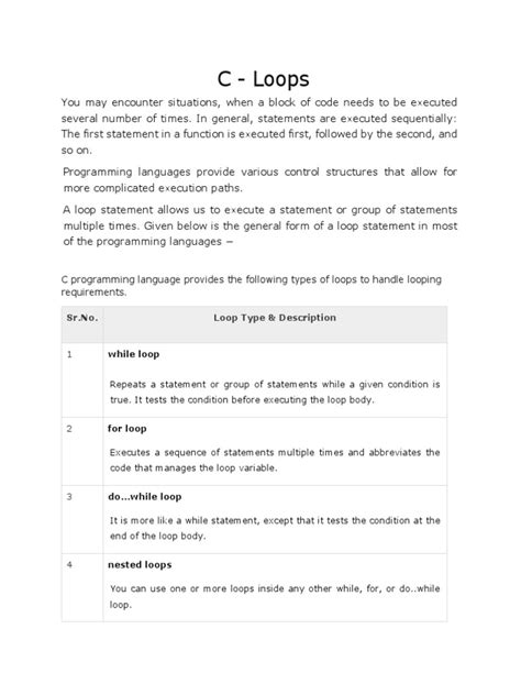 c loops c programming language provides the following types of loops to handle looping