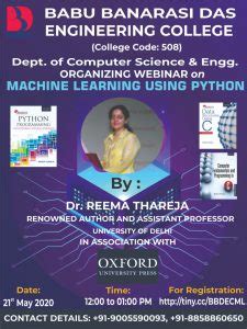 A Webinar On MACHINE LEARNING USING PYTHON By Dr Reema Thareja Renowned Author Assistant