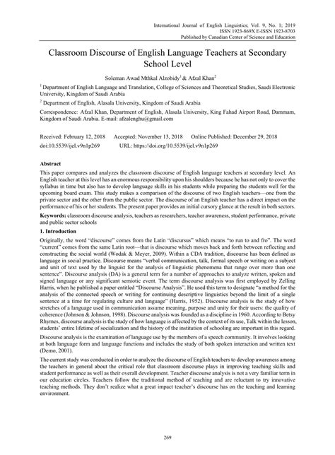 pdf classroom discourse of english language teachers at secondary school level
