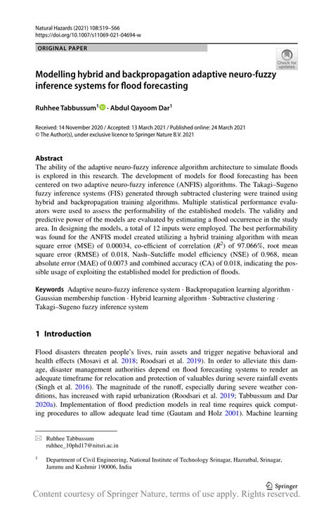 modelling hybrid and backpropagation adaptive neuro fuzzy inference systems for flood