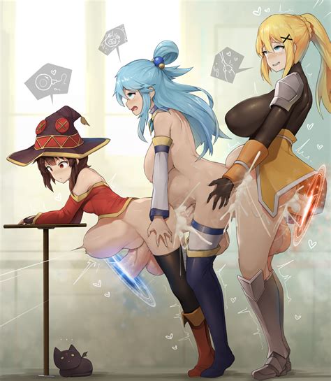 Rule 34 3futas Aqua Konosuba Balls Bent Over Big Breasts Big Penis Boots Bottomless Breasts