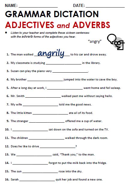 Adjective And Adverb Worksheets With Answer Key Pdf
