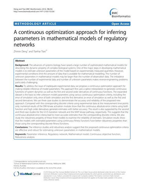 pdf a continuous approach for inferring parameters in mathematical models of regulatory networks
