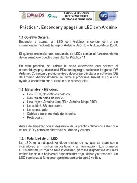 práctica 1 encender y apagar un led con arduino pdf diodo emisor de luz arduino