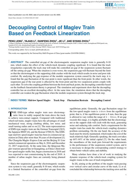 pdf decoupling control of maglev train based on feedback linearization