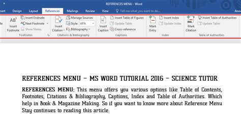 REFERENCES MENU MS WORD 2016 TUTORIALS SCIENCE TUTOR