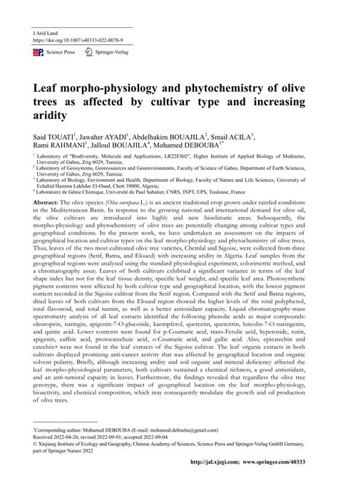 pdf leaf morpho physiology and phytochemistry of olive trees as affected by cultivar type and