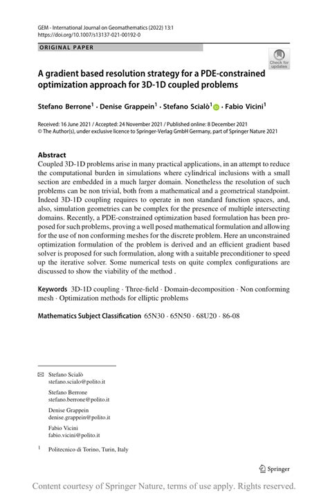 a gradient based resolution strategy for a pde constrained optimization approach for 3d 1d