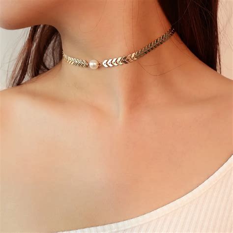 Delicate New Simulated Pearl Choker Necklace Fashion Gold Silver Color Alloy Short Necklace For