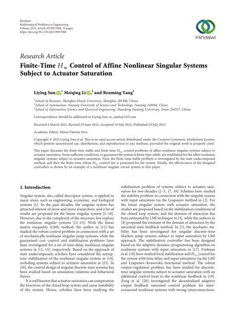 pdf finite time h ∞ control of affine nonlinear singular systems subject to actuator saturation