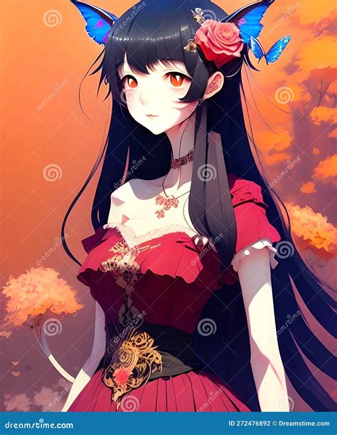 Anime Girl In Beautiful Red Dress With Dark Long Hair Flowers Butterflies Portrait Romantic