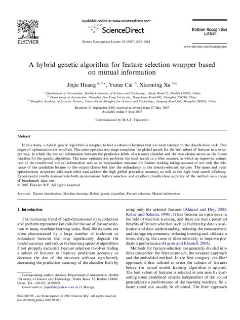 pdf a hybrid genetic algorithm for feature selection wrapper based on mutual information