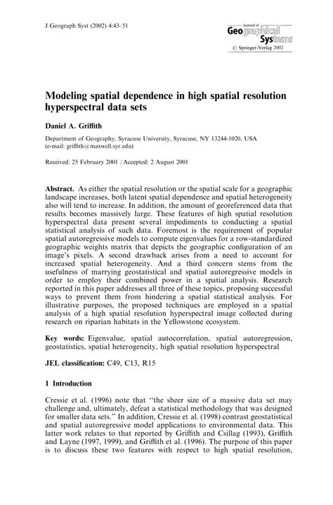 pdf modeling spatial dependence in high spatial resolution hyperspectral data sets
