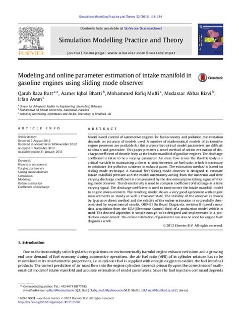pdf modeling and online parameter estimation of intake manifold in gasoline engines using