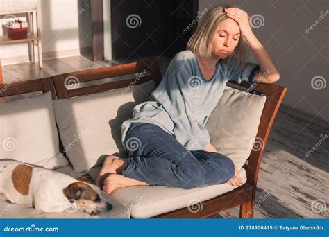 Depressed Lonely Unhappy Mental Woman Sitting Alone On The Sofa Feel Stress Stock Image Image