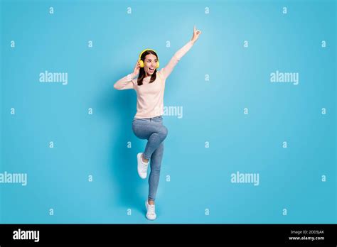Full Length Body Size View Of Her She Nice Attractive Pretty Cheerful Cheery Girl Fan Jumping