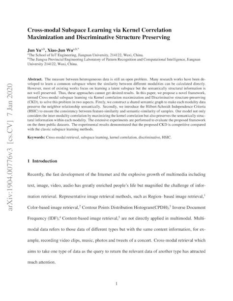 pdf cross modal subspace learning via kernel correlation cross modal subspace learning via