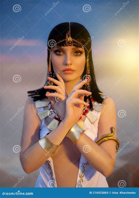 Portrait Of Egypt Style Woman Sexy Girl Goddess Queen Cleopatra Stand In Desert Pyramids Art