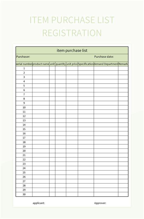 Item Purchase List Registration Excel Template And Google Sheets File