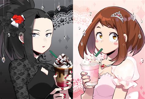 2girls Blackhair Bokunoheroacademia Breasts Brownhair Candy Chocolate Cleavage Dress Drink