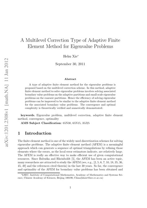 pdf a multilevel correction type of adaptive finite element method for eigenvalue problems