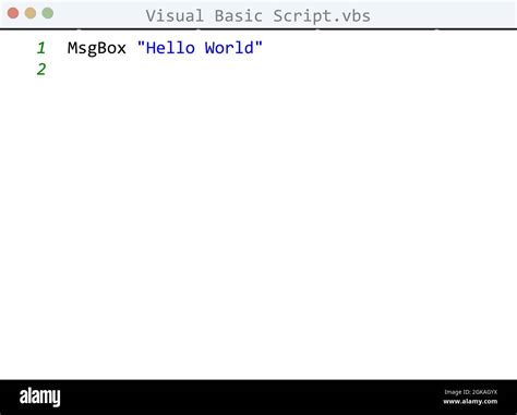 visual basic script language hello world program sample in editor window illustration stock