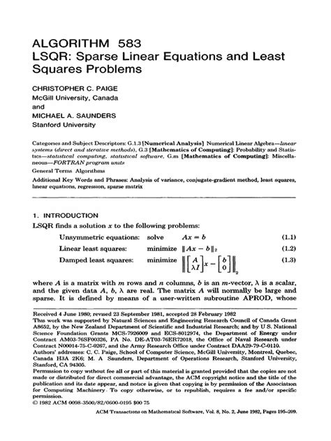 1982 algorithm 583 lsqr sparse linear pdf matrix mathematics numerical analysis