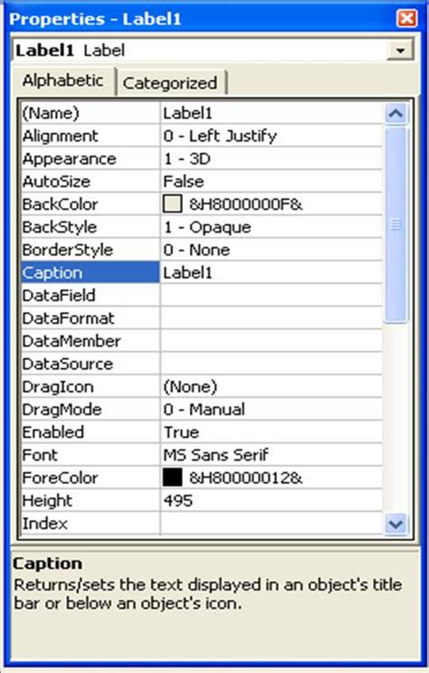 label control properties of visual basic 6 0