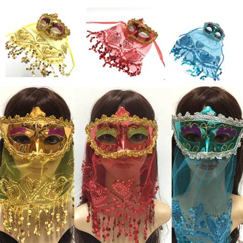 Halloween Lace Sheer Veil Mask Luxury Belly Dance Rhinestone Long Tassel Face Veil Mask For
